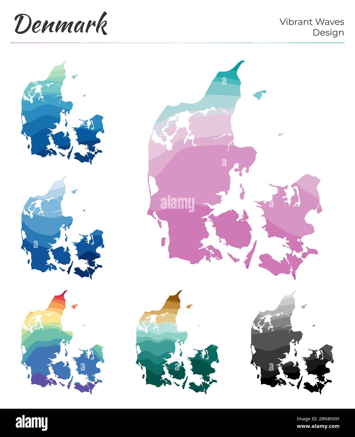 Set of vector maps of Denmark. Vibrant waves design. Bright map of the ...