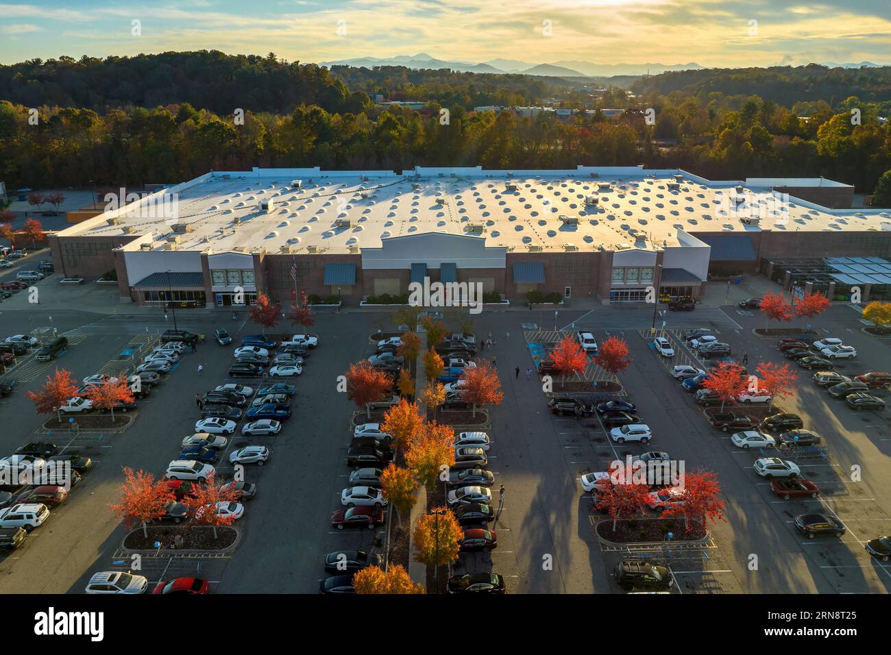 View from above of american grocery store with many parked cars on ...