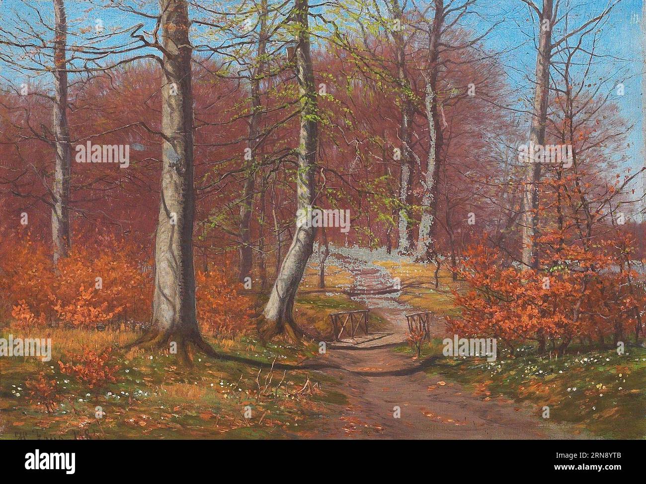 View of forest and bridge. 1885 by Hans Friis Stock Photo - Alamy