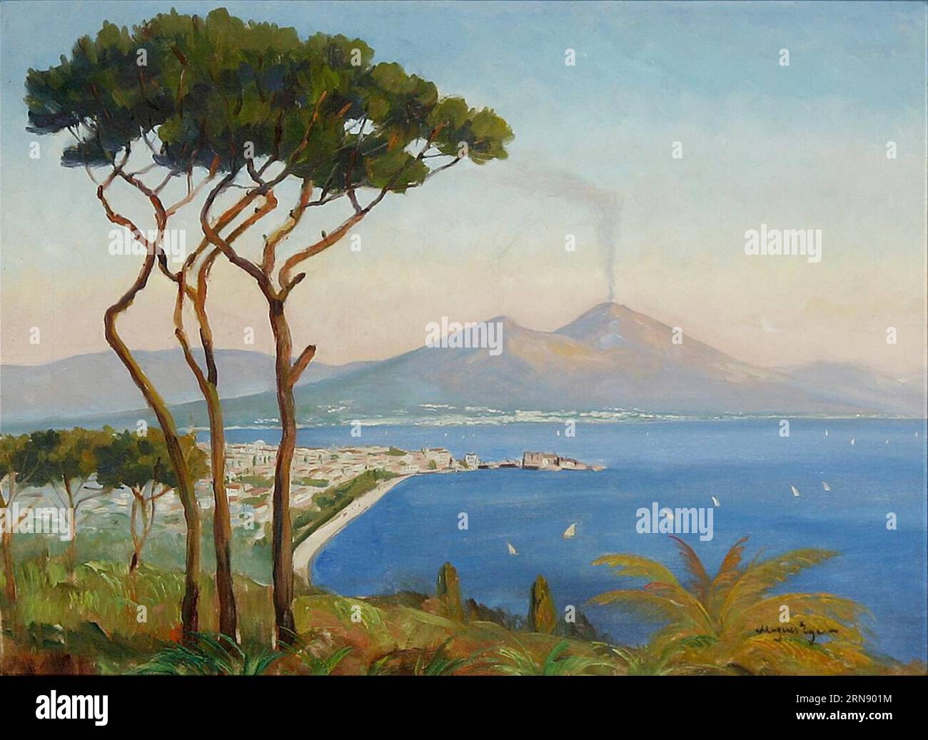 View of the Gulf of Naples, with Vesuvius in the background. between ...