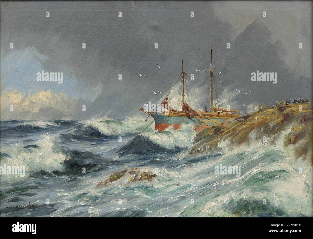 A foundered ship on a stormy coast. between 1910 and 1946 by Mogens Ege ...