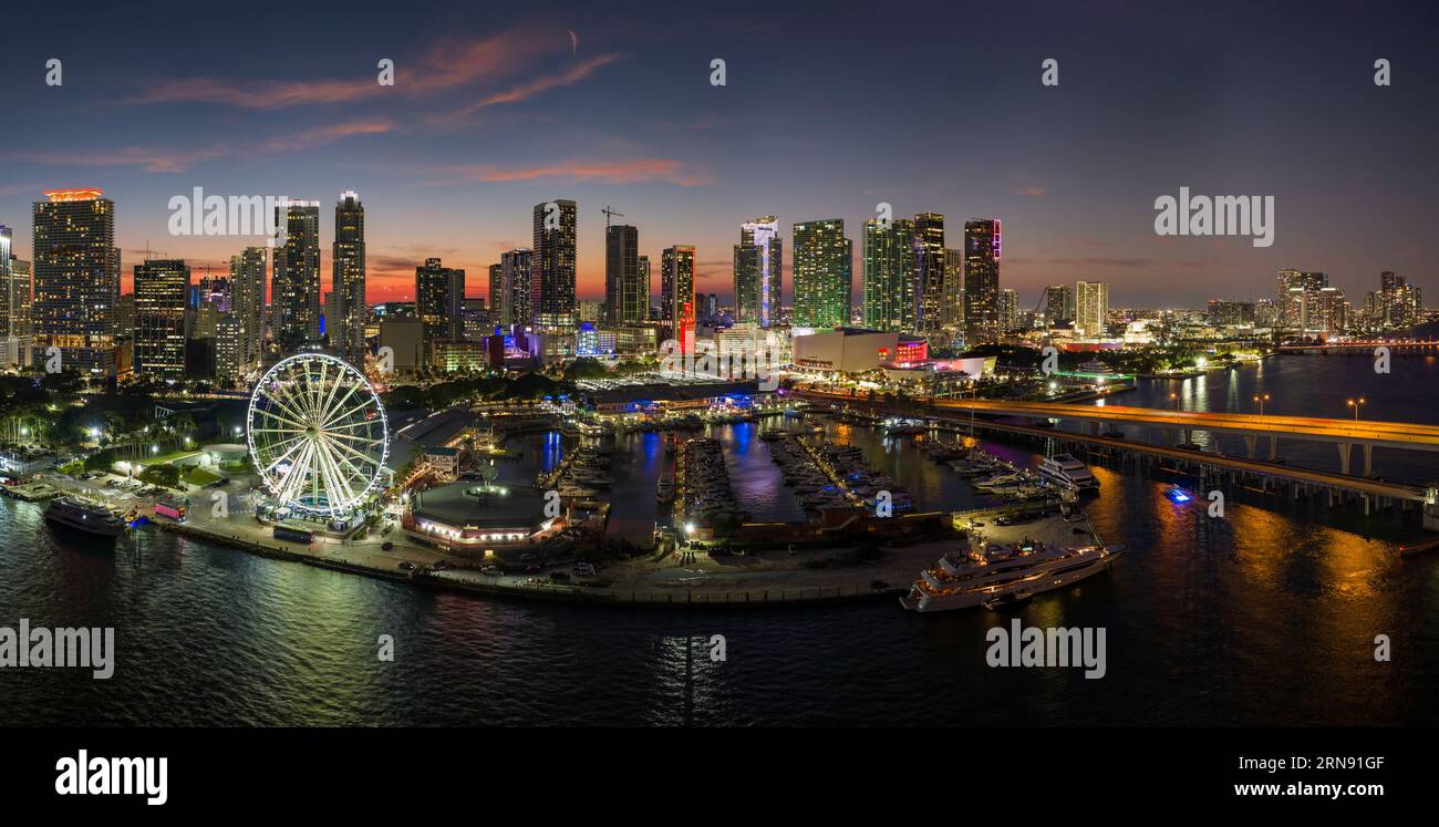 Miami marina harbor and skyscrapers of Brickell, city financial center ...