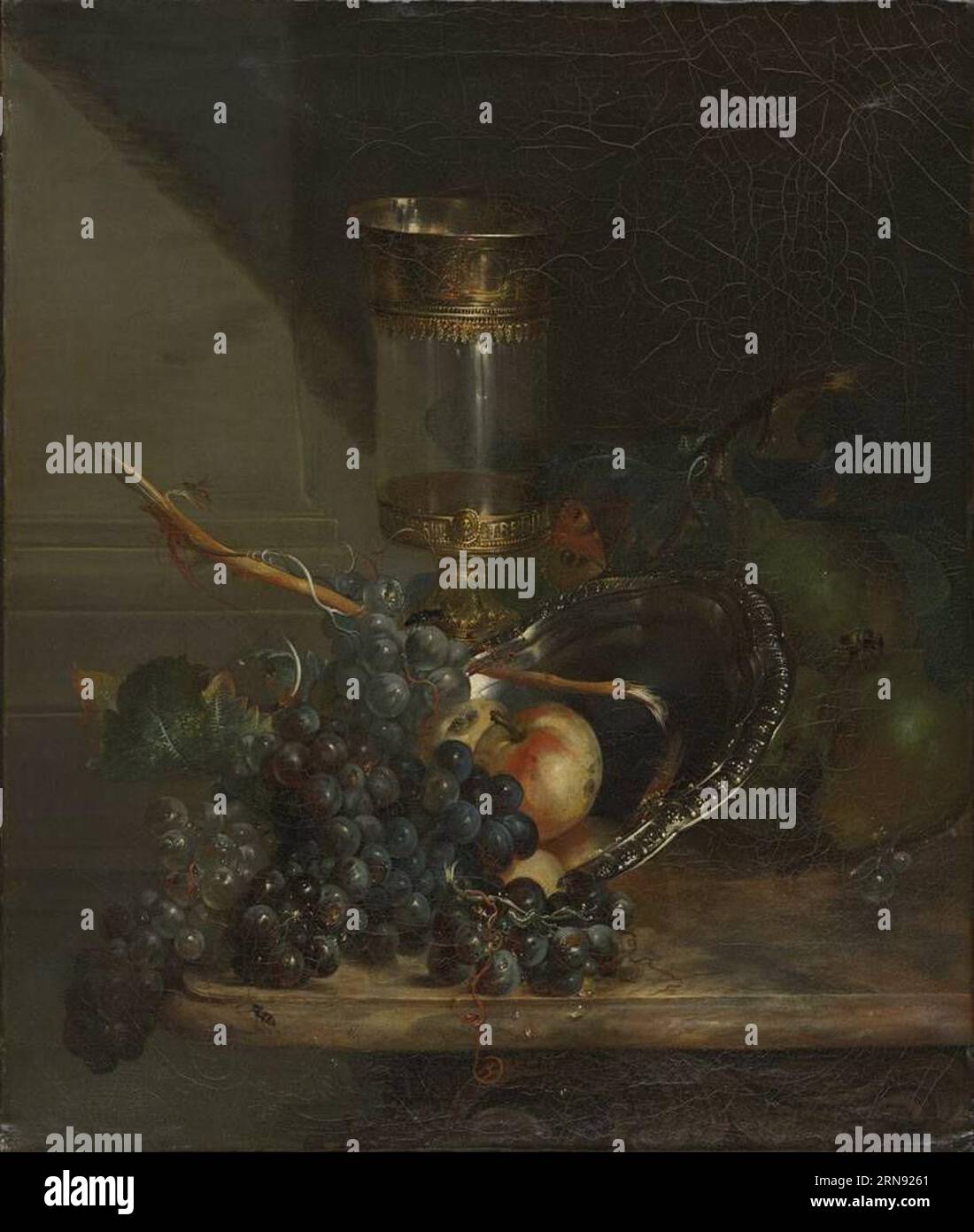 Still life with glass goblet and grapes on a marble table 1768 by ...