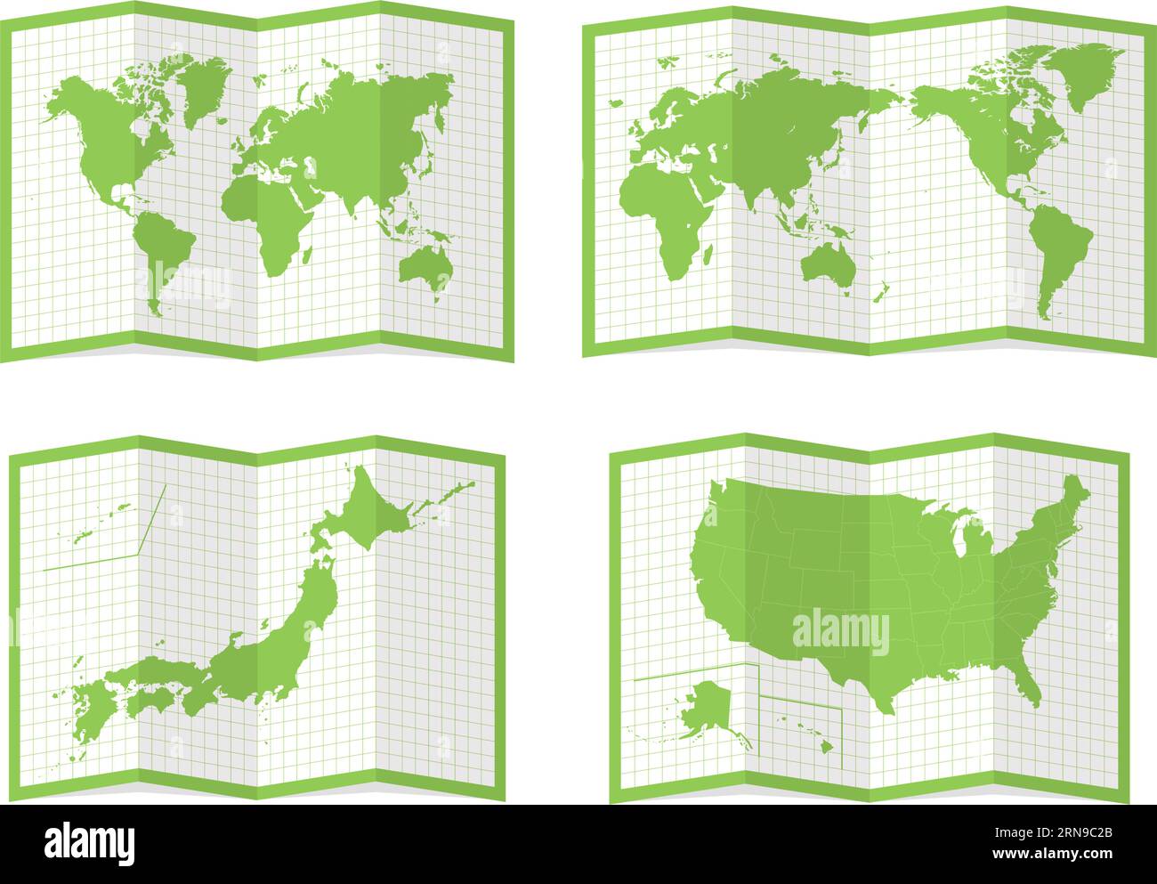Vector illustration set of four-fold maps (world map, Japan, USA Stock ...