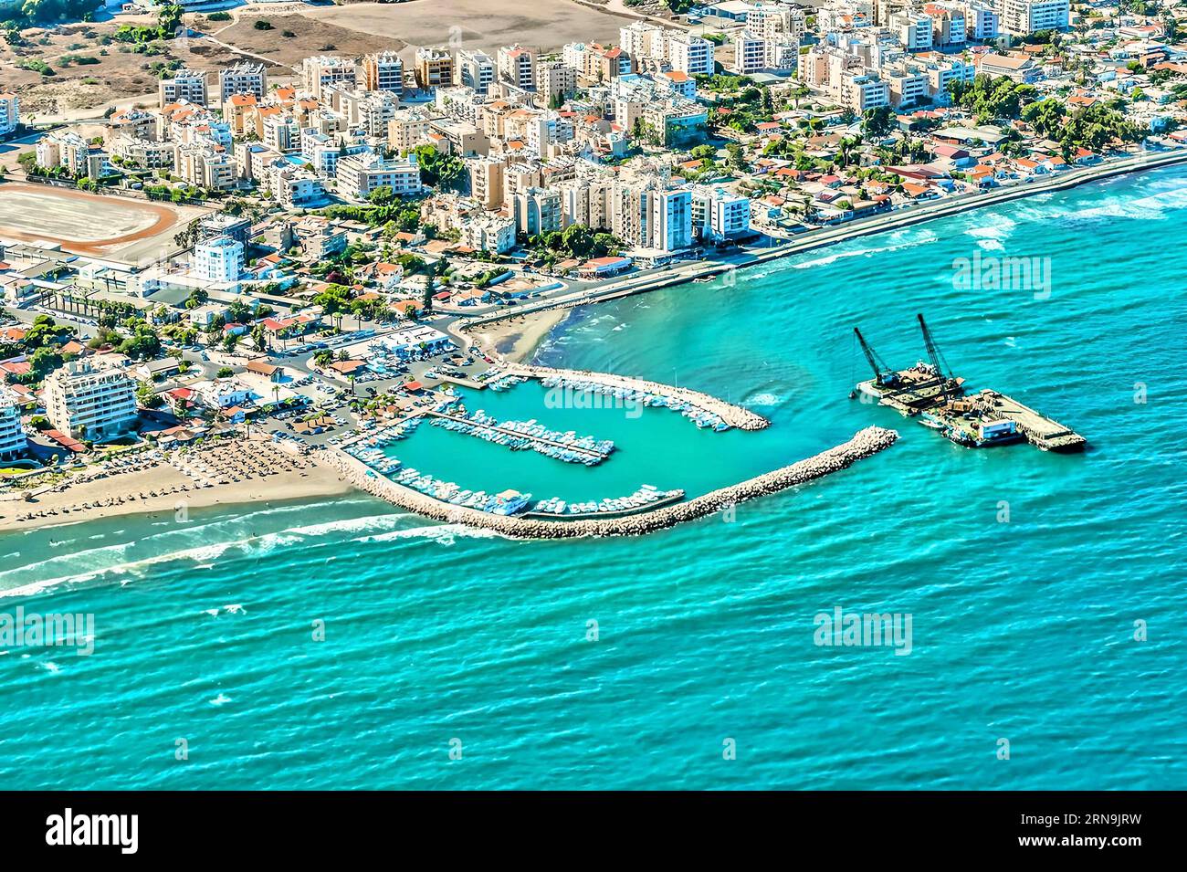 Sea port city of Larnaca, Cyprus. View from the aircraft to the ...