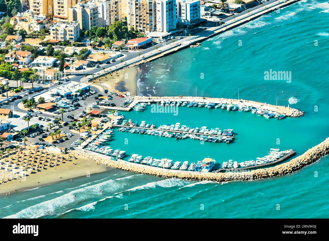 Sea port city of Larnaca, Cyprus. View from the aircraft to the ...