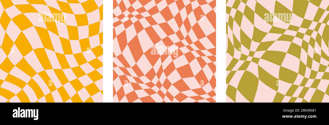 Groovy checkerboard background set. Retro wavy checkered pattern collection. Vintage psychedelic ...