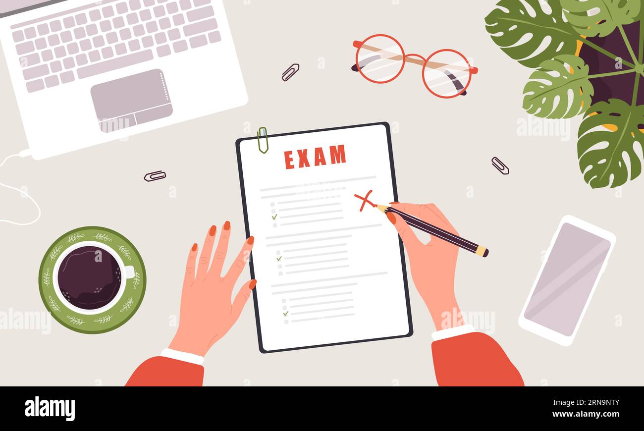 Female teacher checking answer sheet after exam. Top view workplace ...