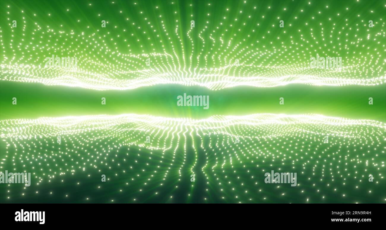 Abstract green energy waves from particles above and below the screen magical bright glowing ...