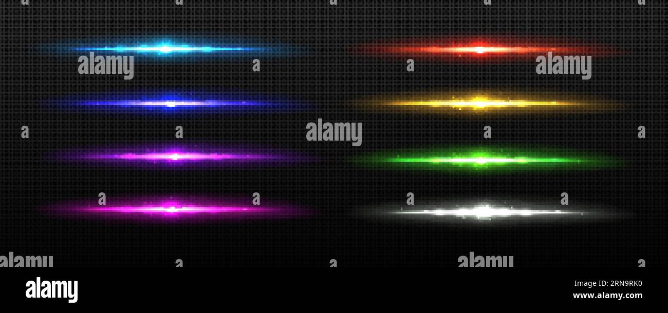 Horizontal sparkle divider line with glow effect in blue, red, yellow ...