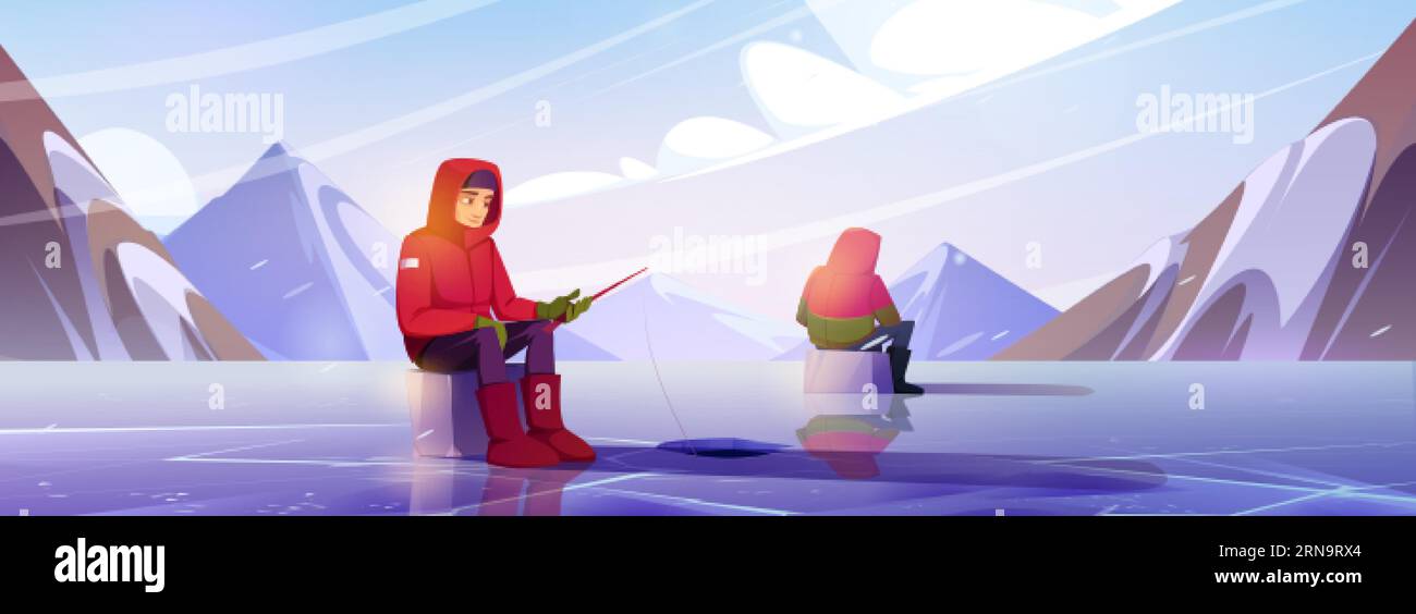 Ice winter man together fishing in hole vector illustration with ...