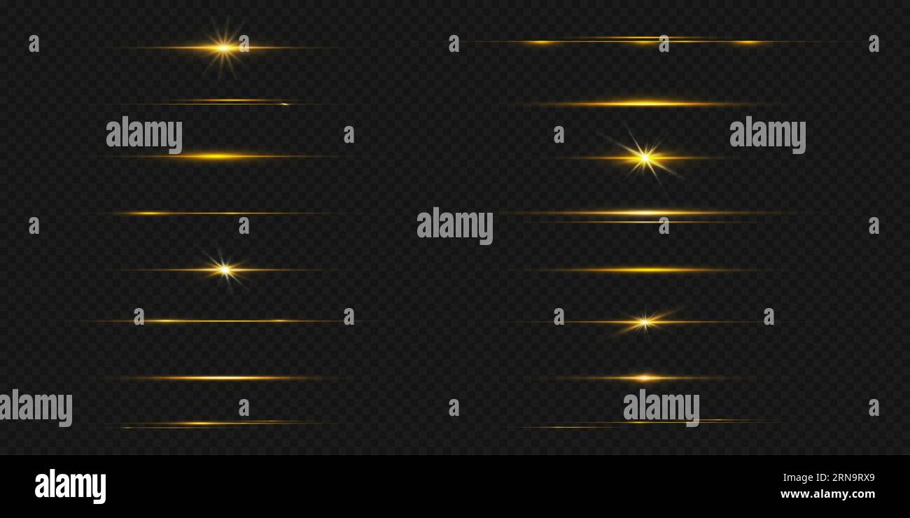 Gold line light glow with sparkle and flare shine. Horizontal golden ...