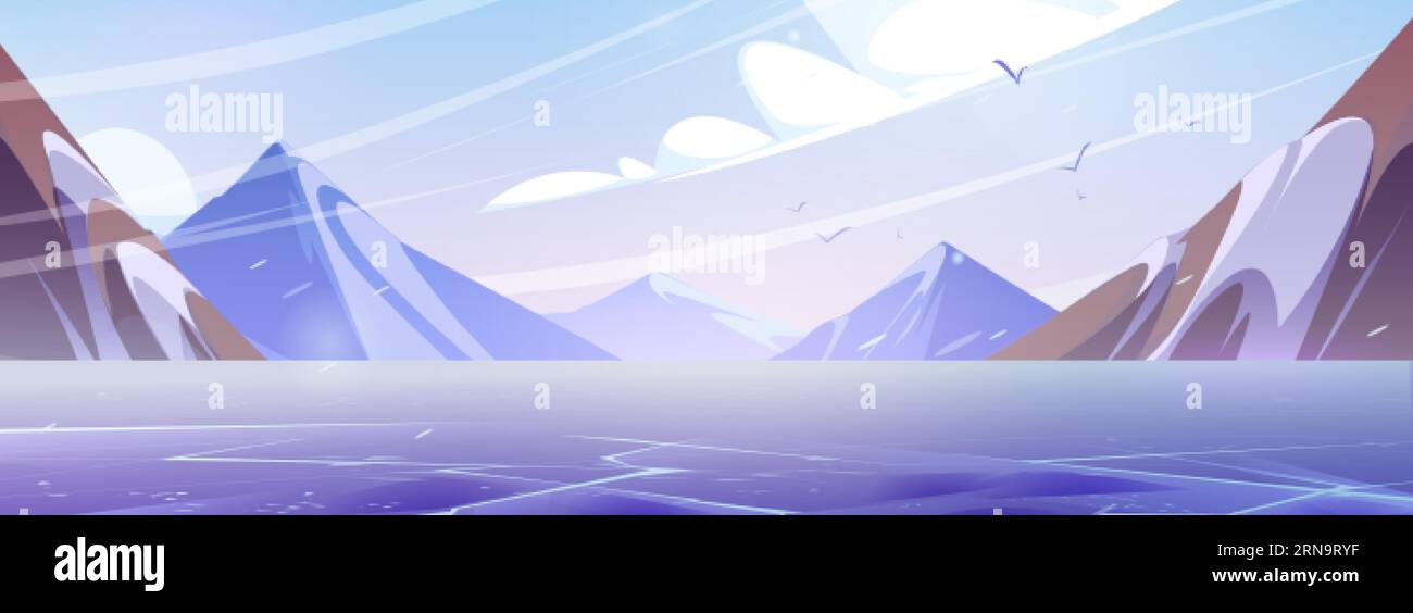 Snowy mountain landscape with ice on river. Vector cartoon illustration ...