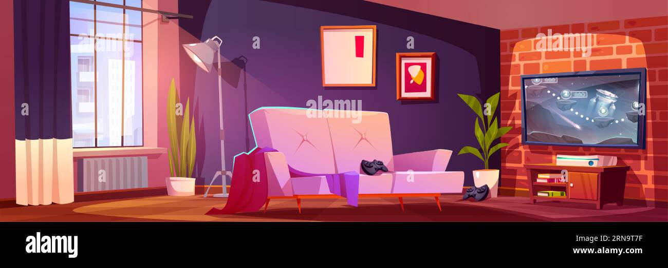 Modern room interior with video game on tv. Vector cartoon illustration ...
