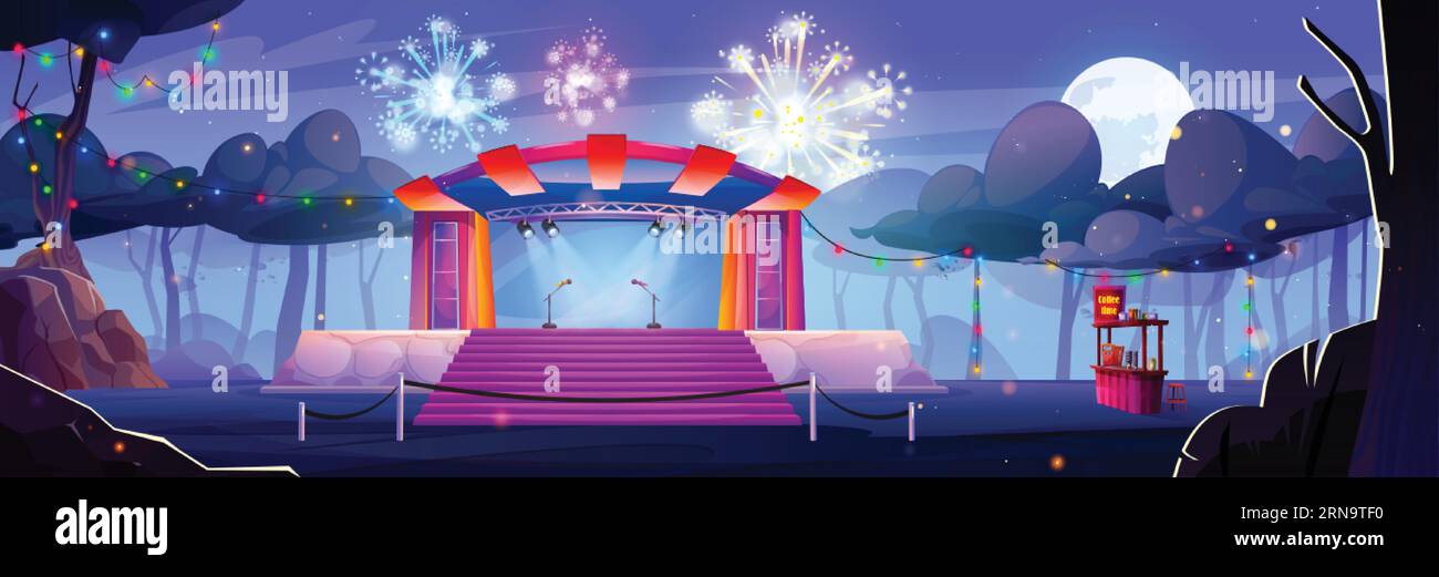 Fireworks sparkling above concert stage, open air show, festival in ...