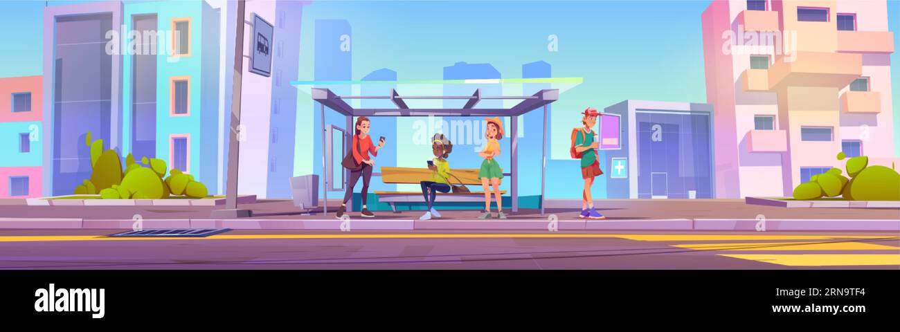 Group of people at urban bus stop. Vector cartoon illustration of young ...