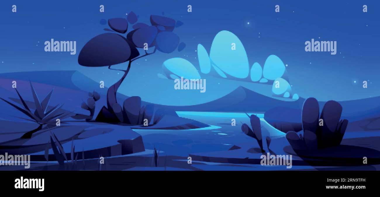 Night desert landscape with river flowing in valley. Vector cartoon ...