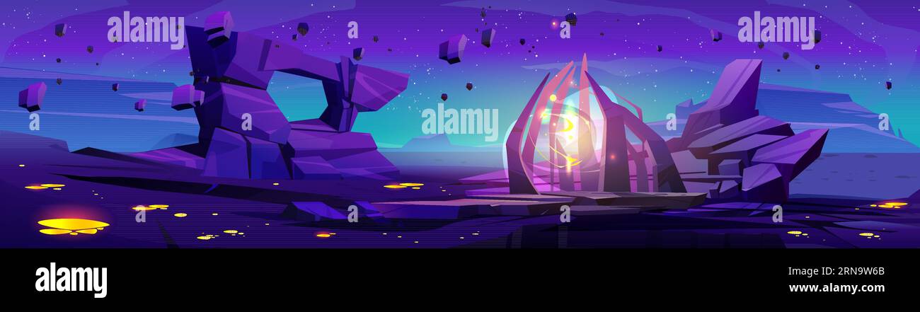 Portal on night space planet vector landscape background. Yellow gate ...
