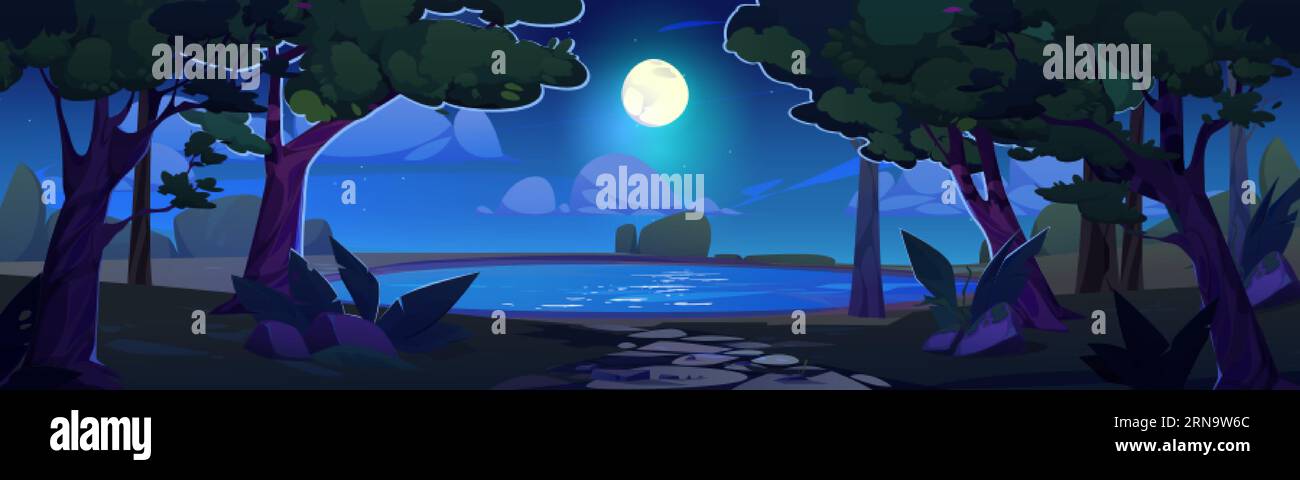 Lake in forest and night starry sky cartoon landscape background ...