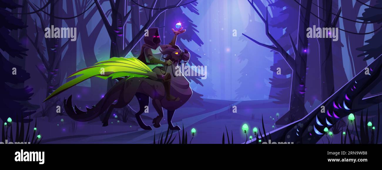 Mysterious knight riding griffin creature in night forest. Vector ...