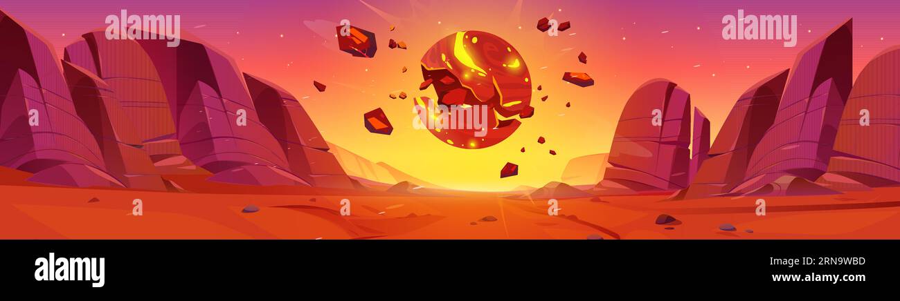 Asteroid explosion in mars desert planet space landscape. Alien martian ...