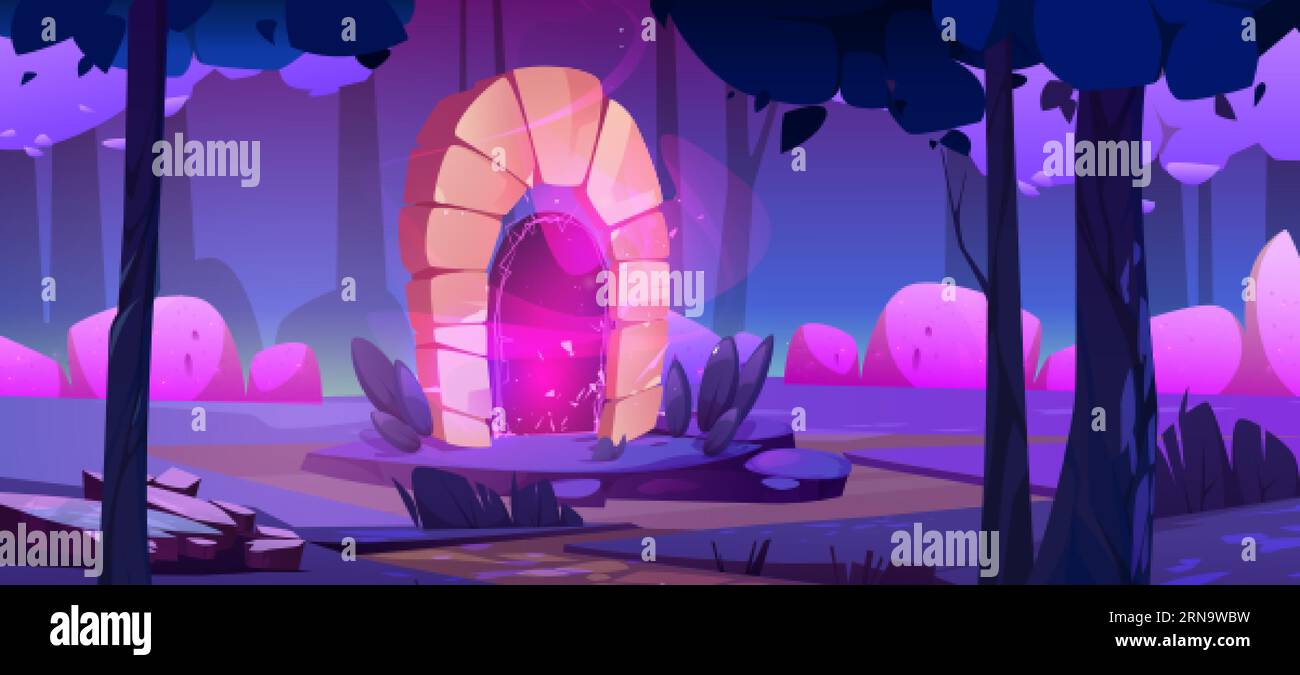 Magic portal in fantasy game forest cartoon background. Enchanted door ...