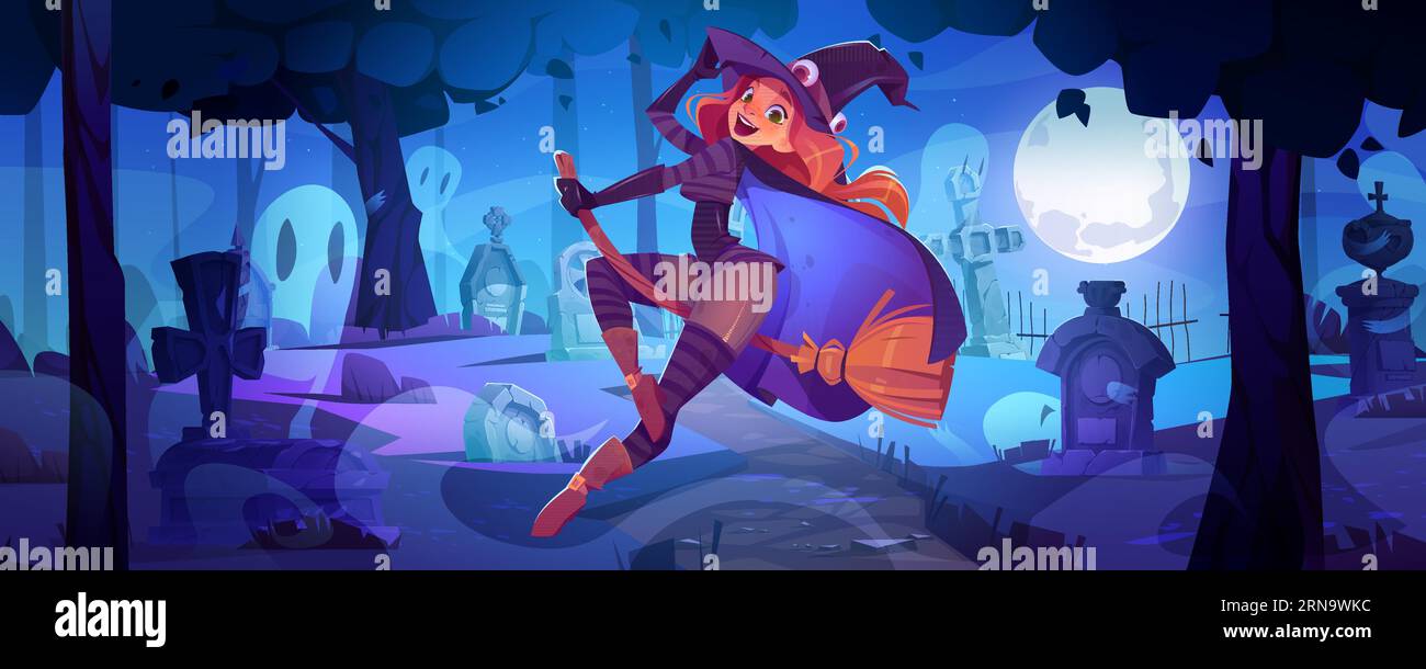 Scary graveyard vector background with witch on broom. Spooky night ...