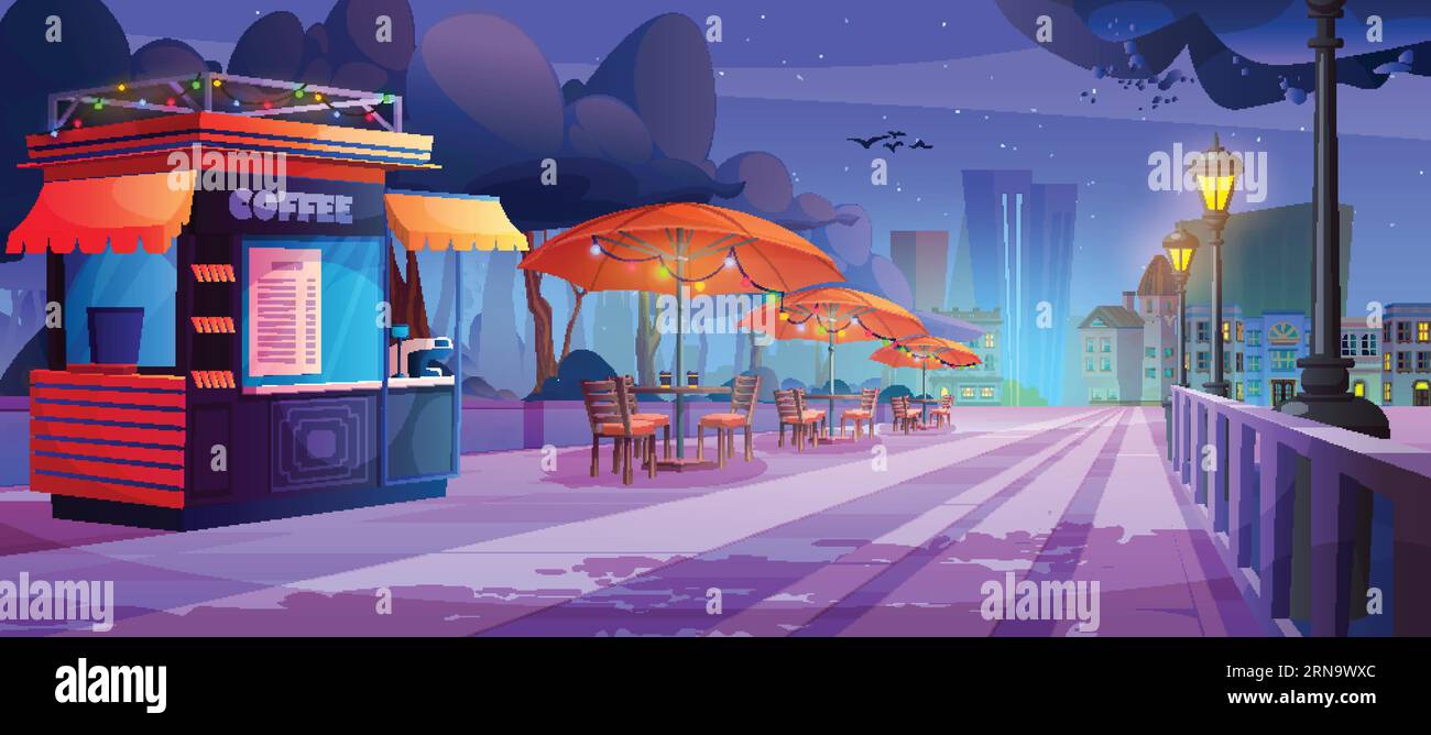 Cafe stall and tables on night park alley. Vector cartoon illustration ...