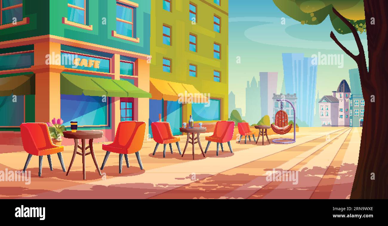 City street cafe with tables and chairs on park alley. Vector cartoon ...