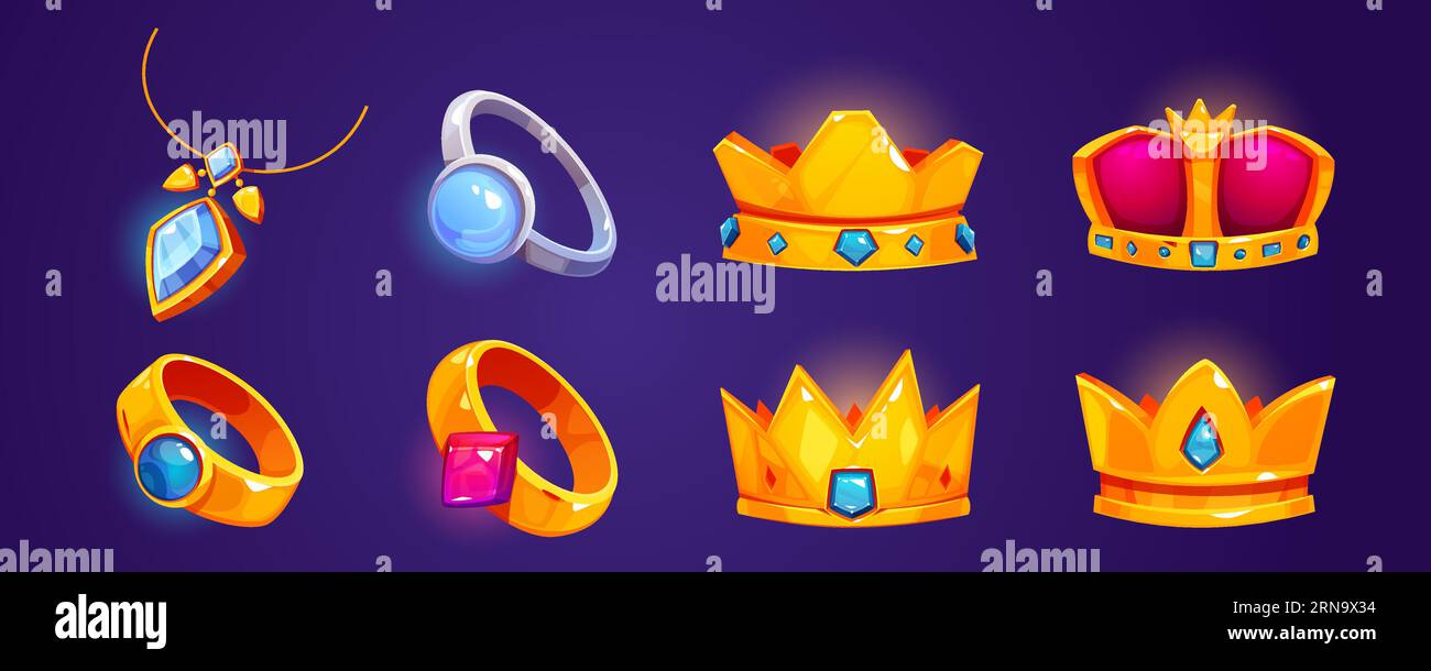 Game jewelry cartoon icon set. Bright glow golden and silver crowns ...