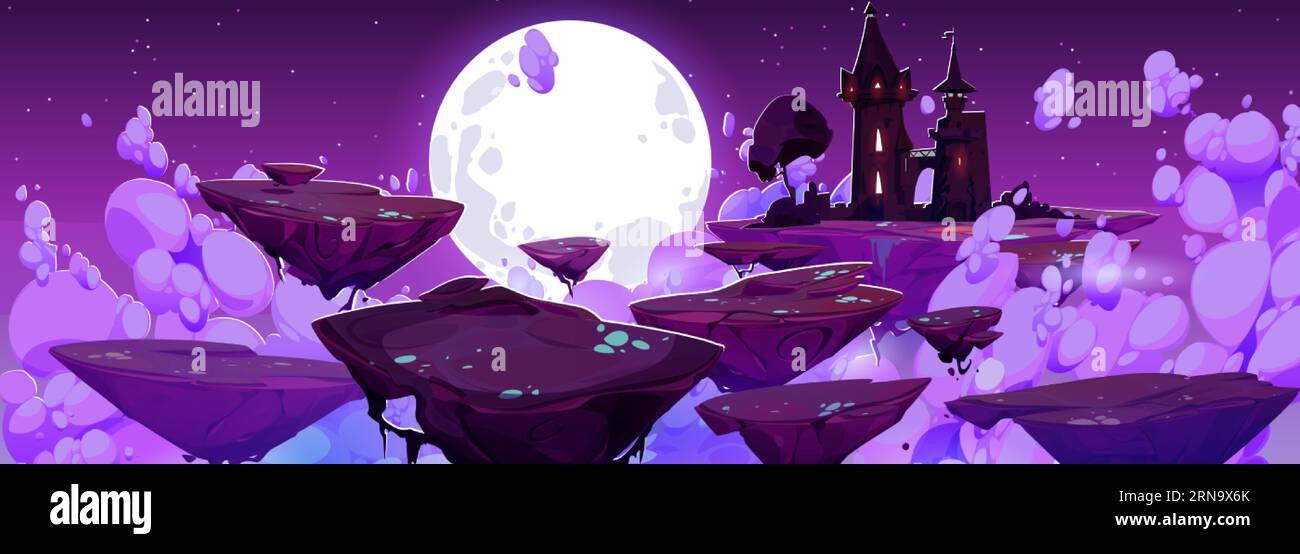 Mystery floating rock islands, fantasy sky road to magic castle vector ...