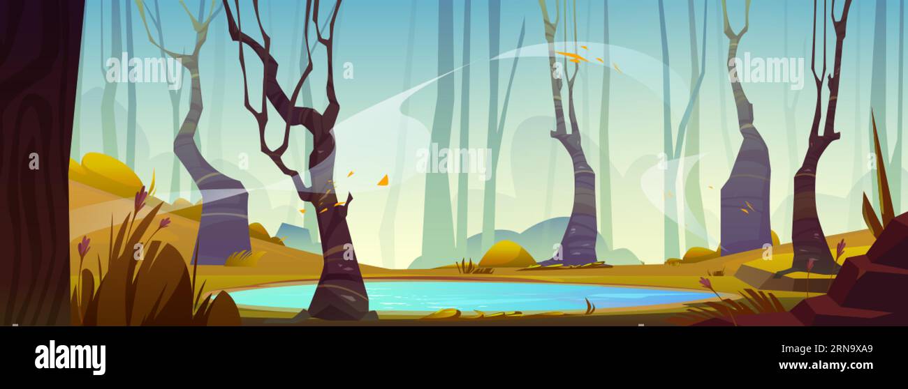 Small lake in autumn forest. Vector cartoon illustration of blue pond ...