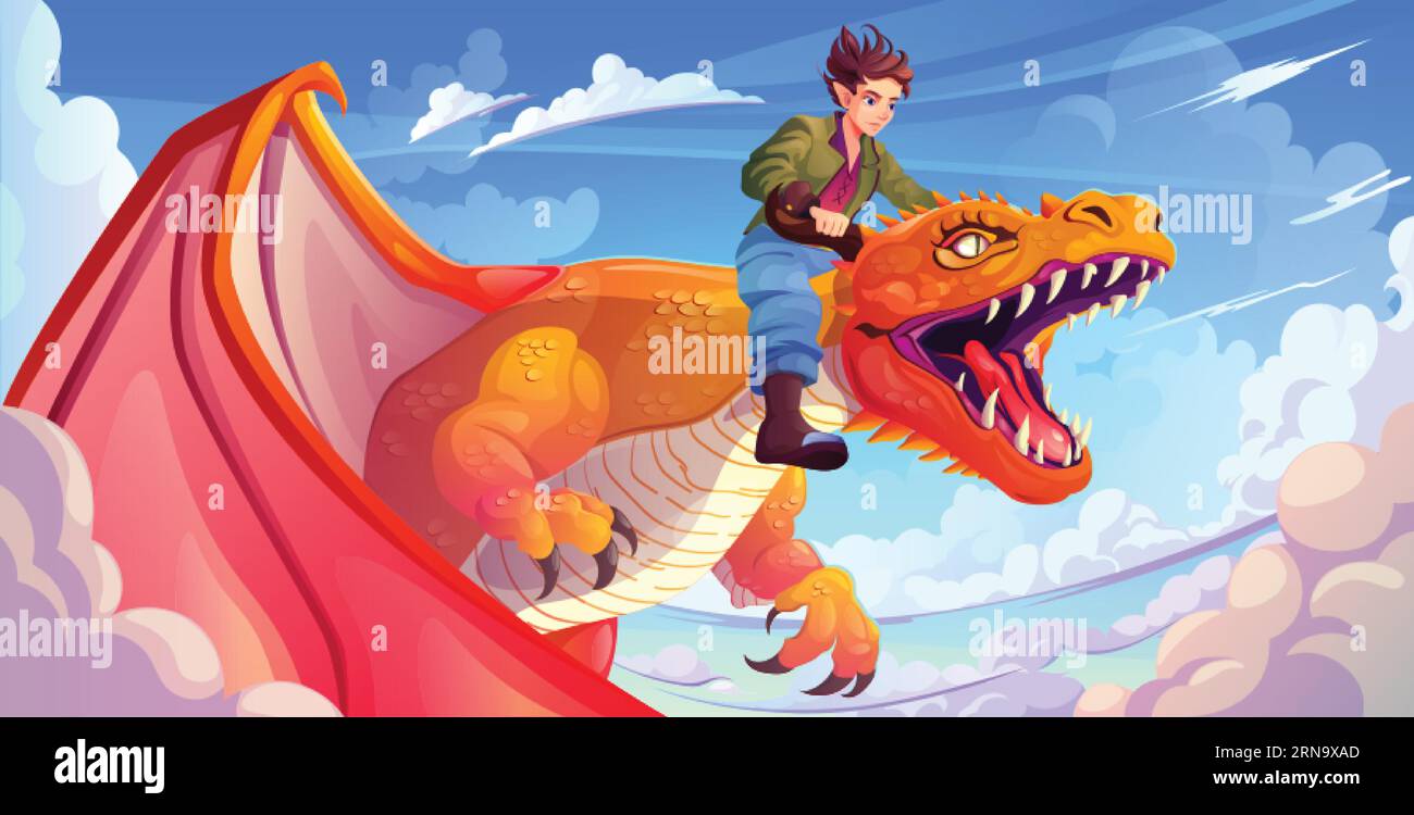 Elf character flying on dragon in sky. Vector cartoon illustration of ...