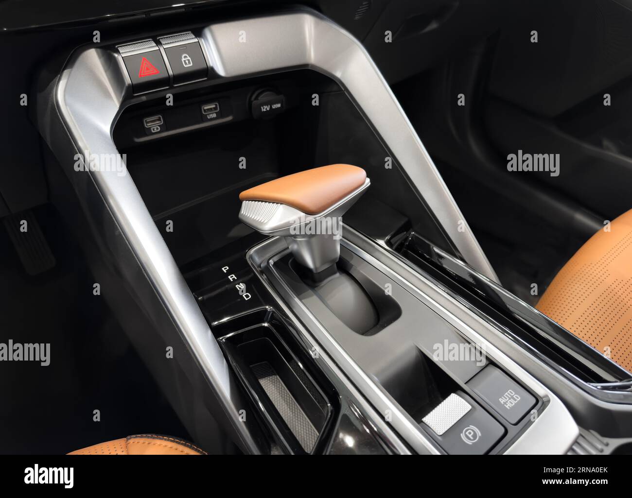 Automatic gear stick of a modern car. Modern car interior details ...