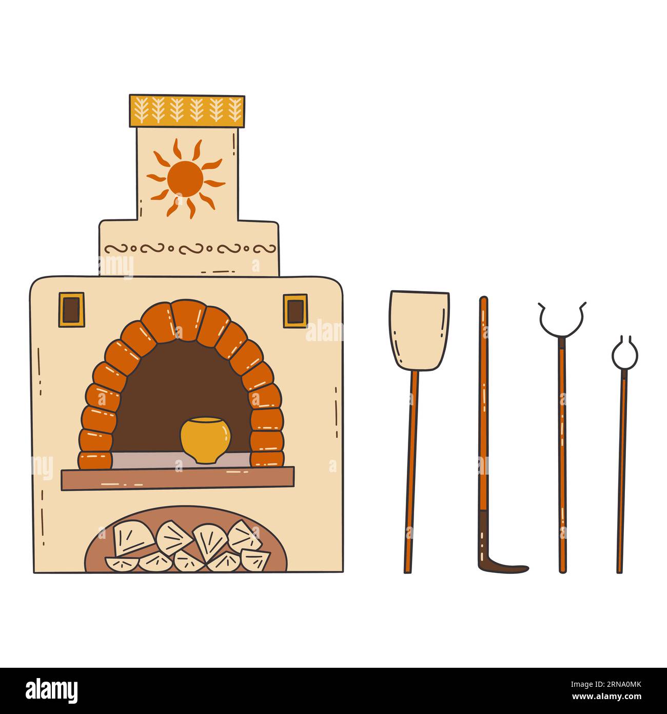 Russian stove with firewood and cast iron pot. Kitchen utensils, tong ...