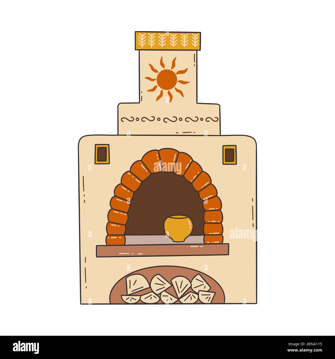 Russian stove with firewood and cast iron pot. Old traditional Russian ...