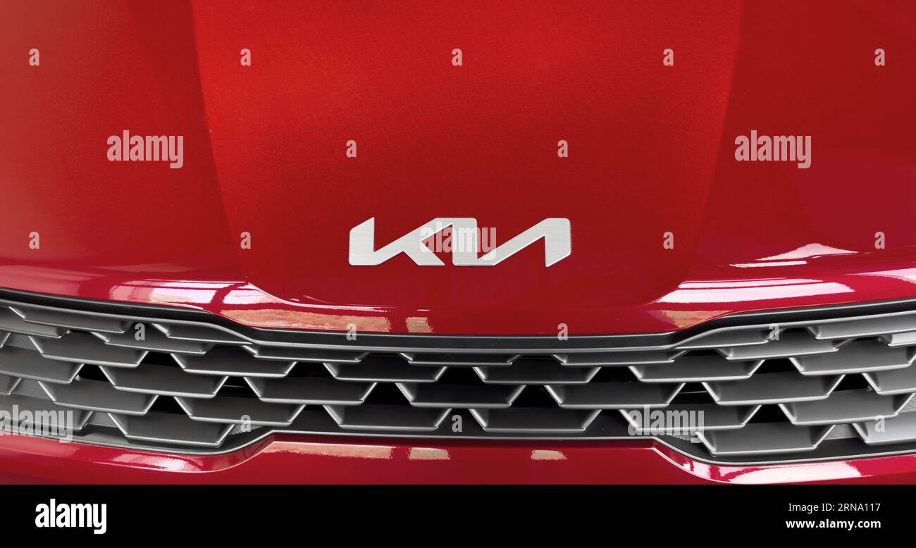 Yerevan, Armenia, June 28, 2023: KIA Motors. New logo on the hood of ...