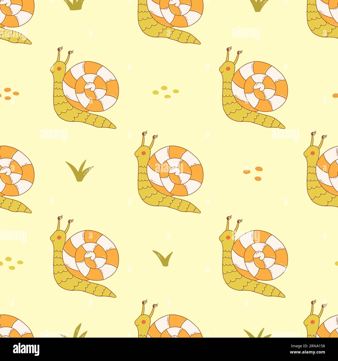 Seamless pattern. Cute snail in field among grasses. Clam with striped ...