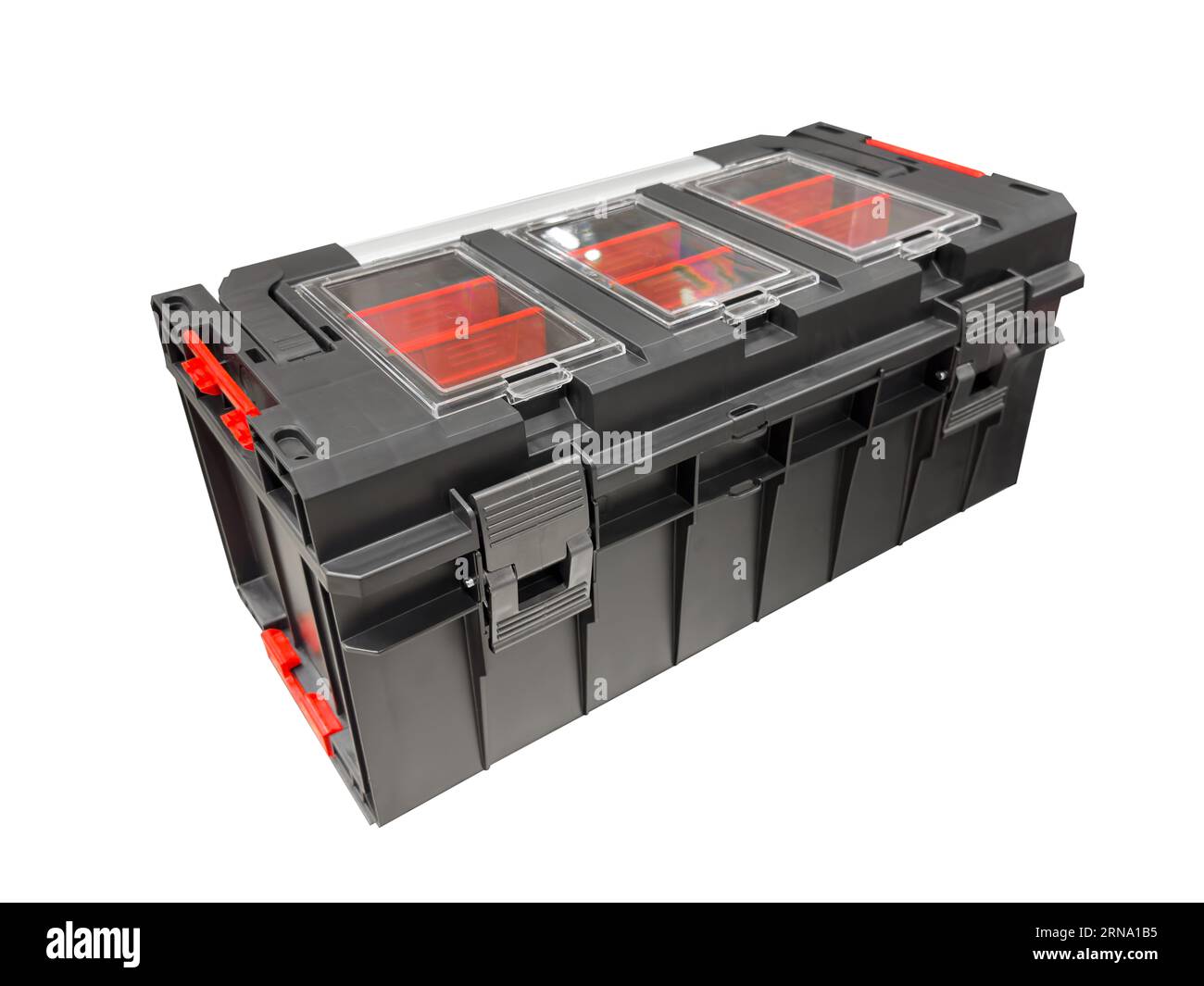 Plastic box with yellow locks for repair tools isolated over white ...