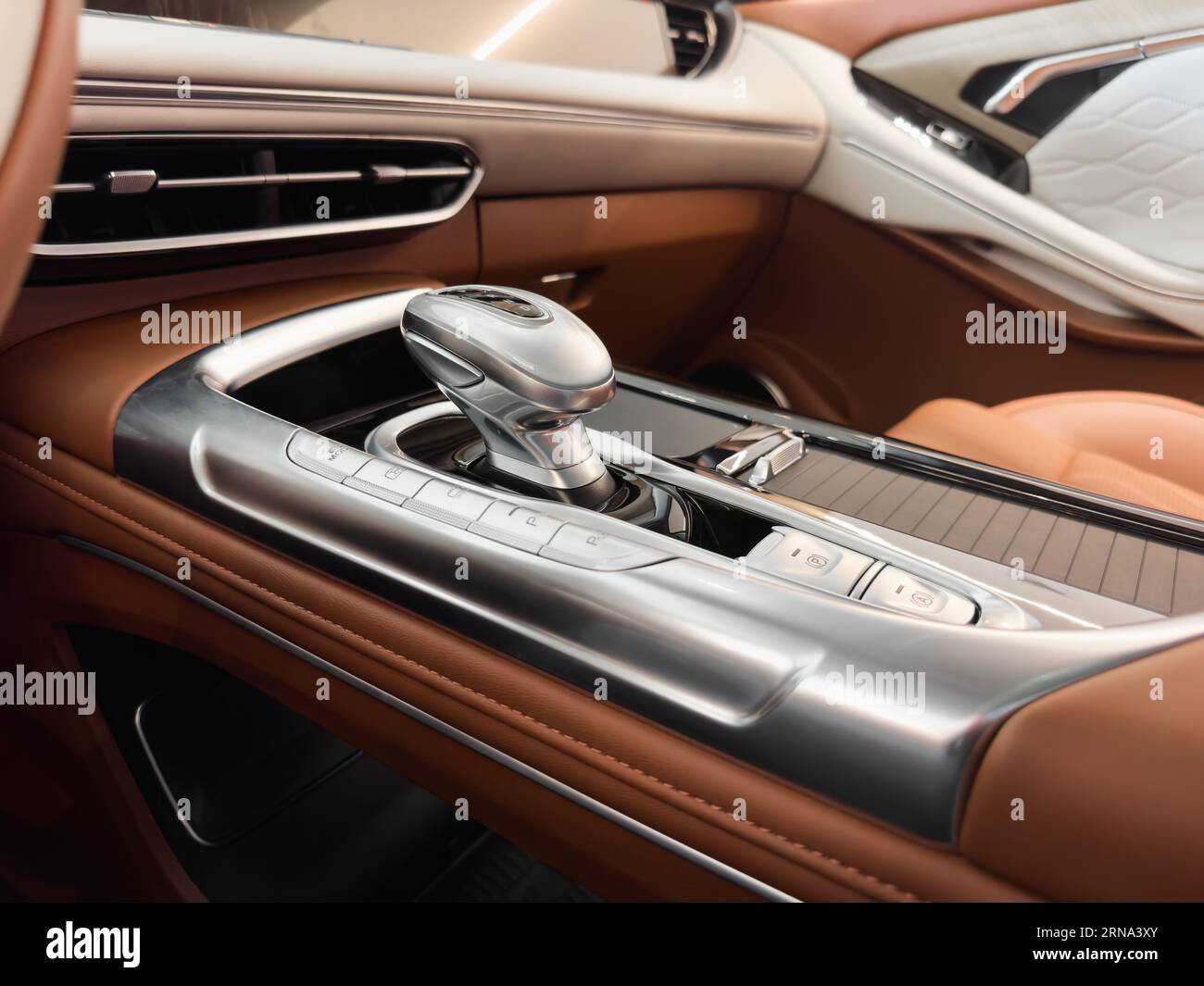Automatic gear stick of a modern car. Modern car interior details ...