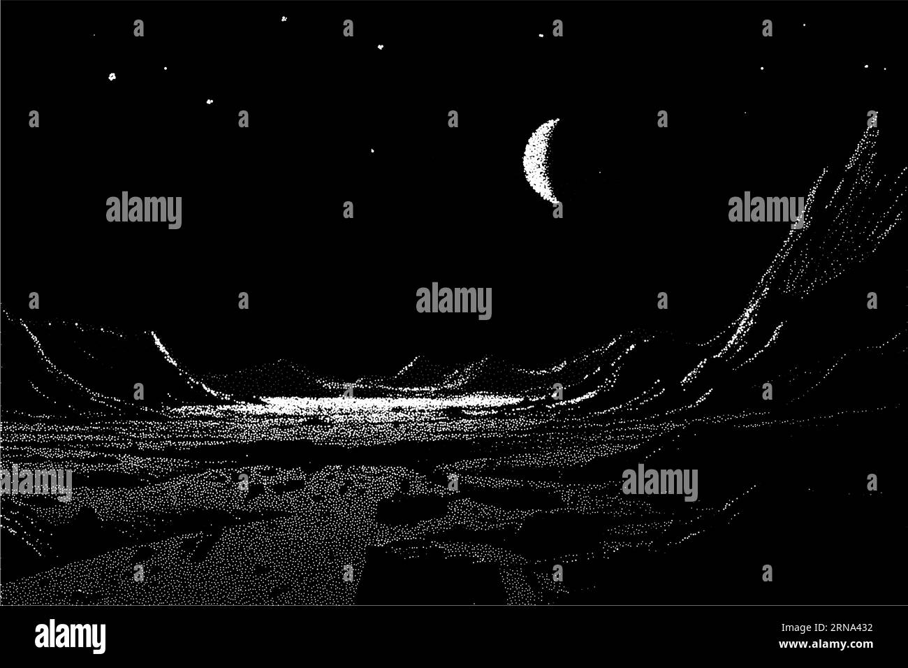 Alien planet landscape in retro dotwork style. Planets and satellites ...