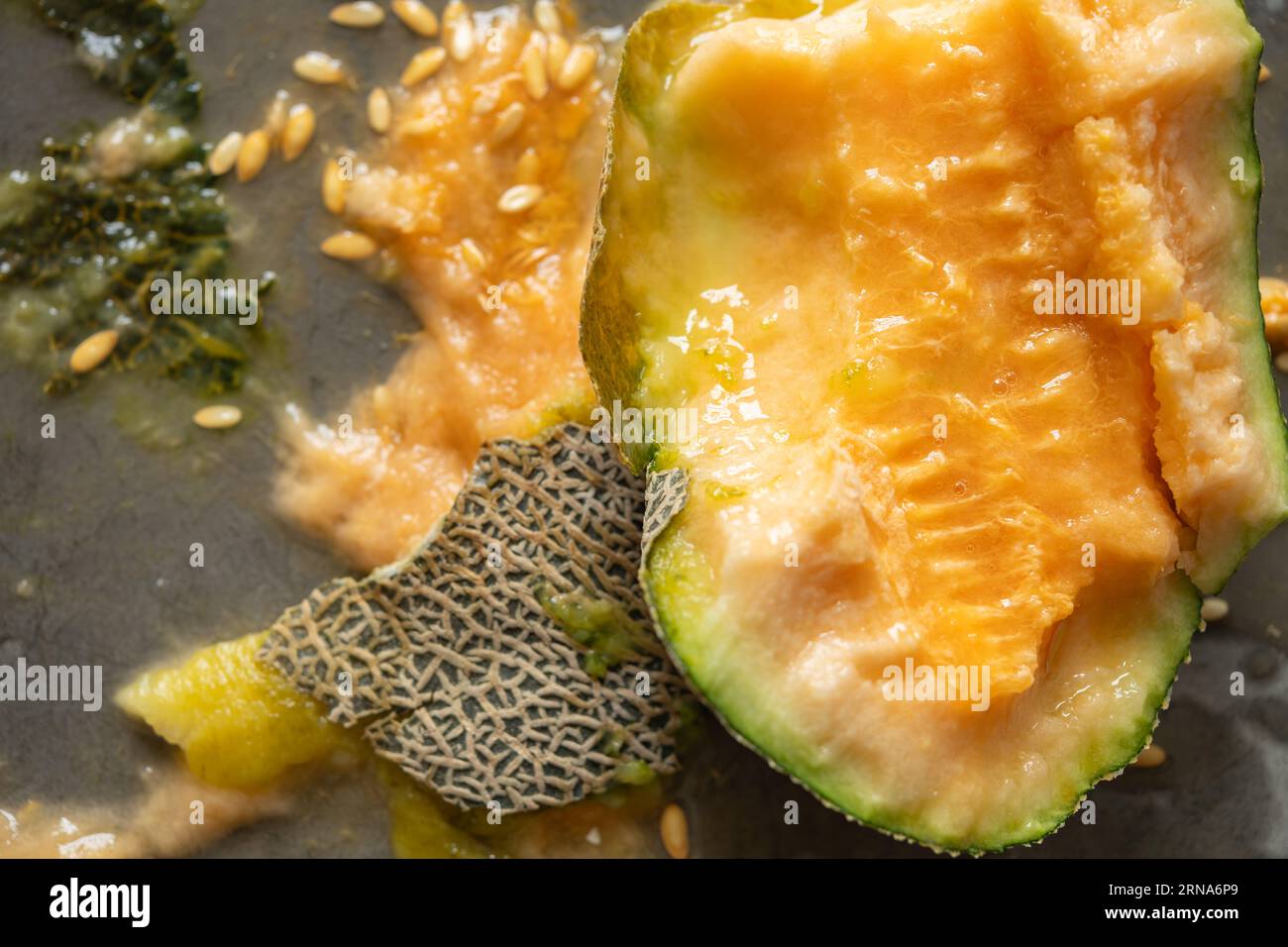 top view broken hami melon on the ground horizontal composition Stock ...