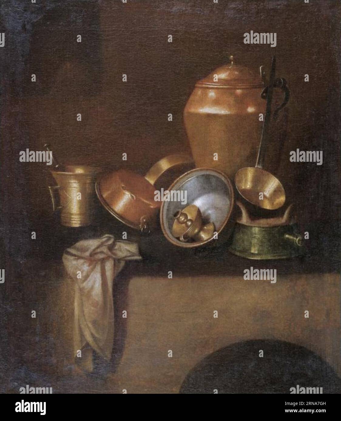 Still-life with various copper cooking utensils on a hearth / Kitchen ...