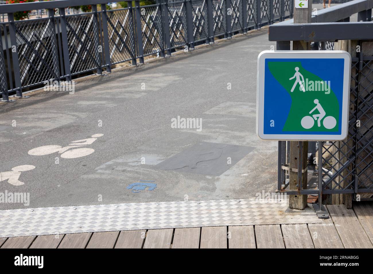 blue green sign pedestrian route and bike path road with pathway Stock ...
