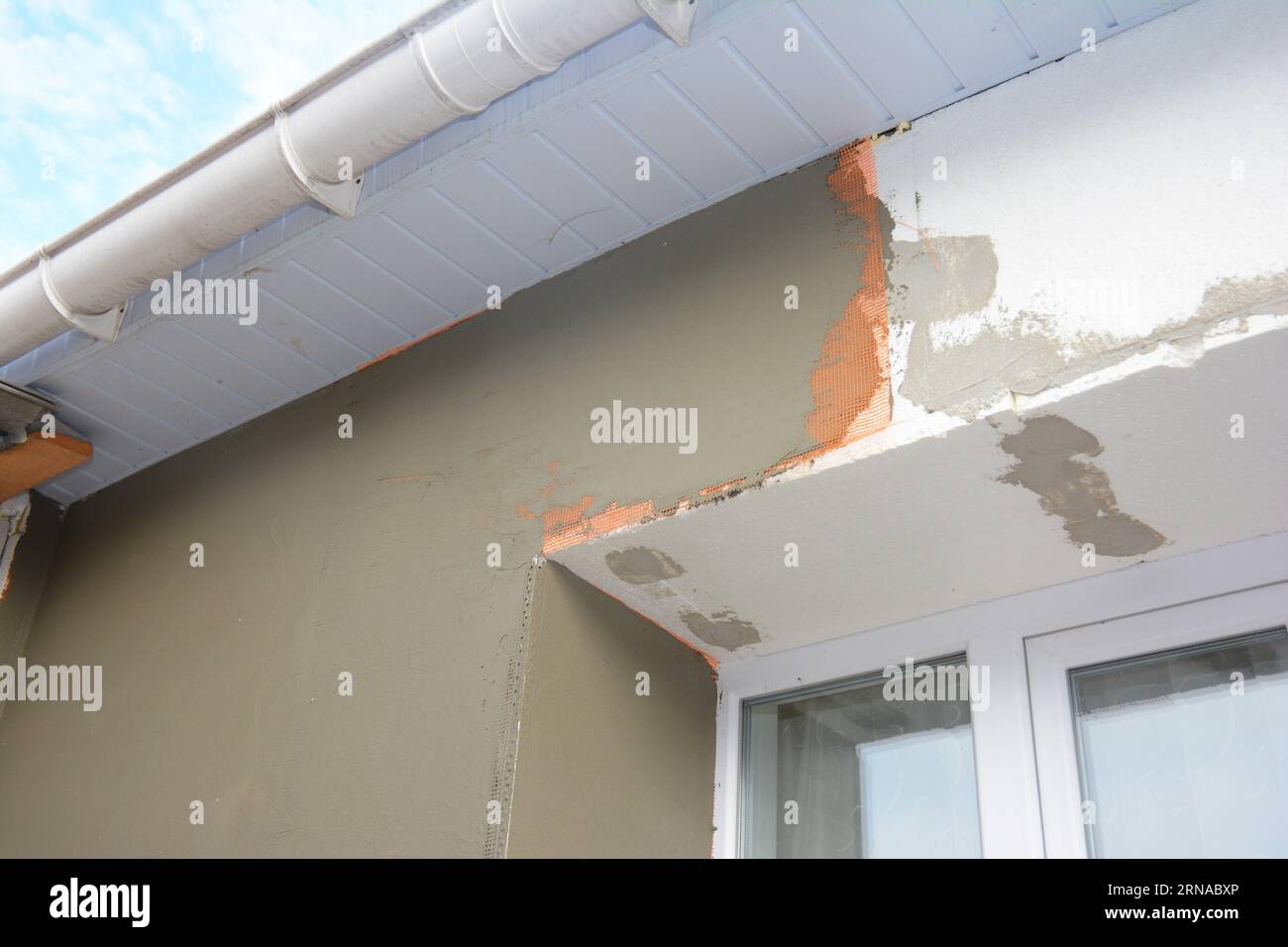 Close up on house wall insulation with styrofoam, rigid extruded ...