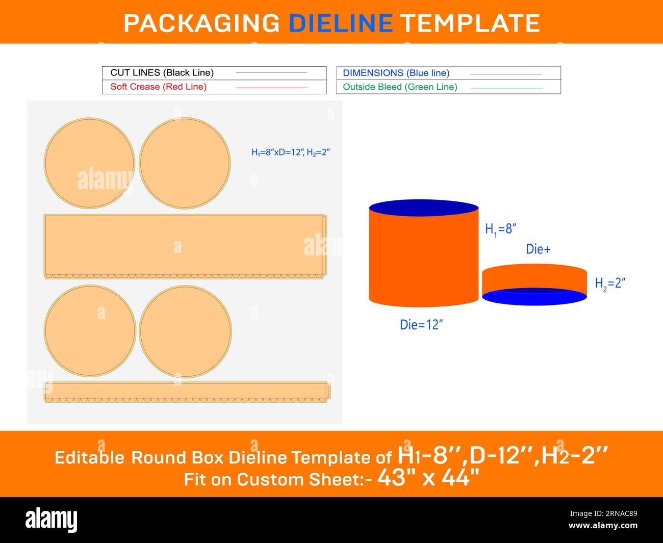 Cardboard box, round lid gift box dieline template with the dimension ...