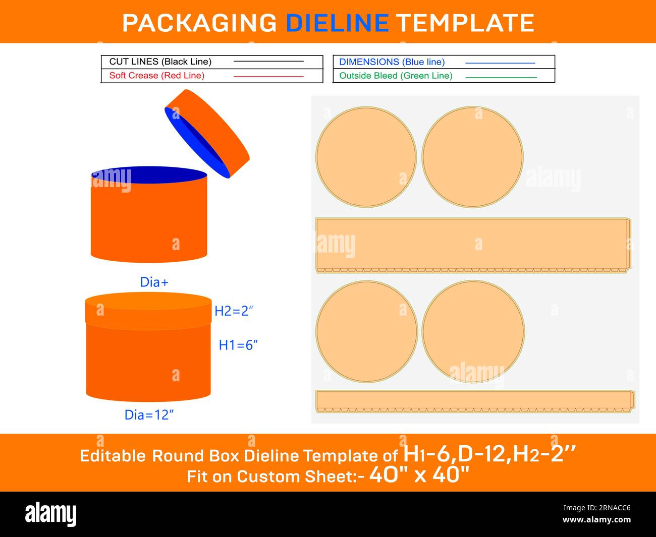 Large round Box, round lid gift box die line template with the ...