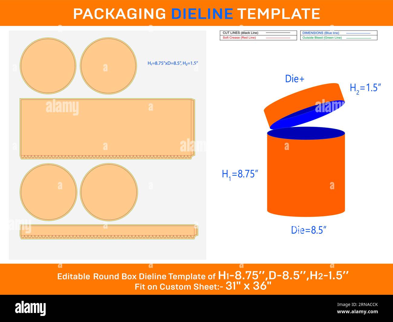 Cream box, round lid gift box die line template with the dimension H1 8 ...