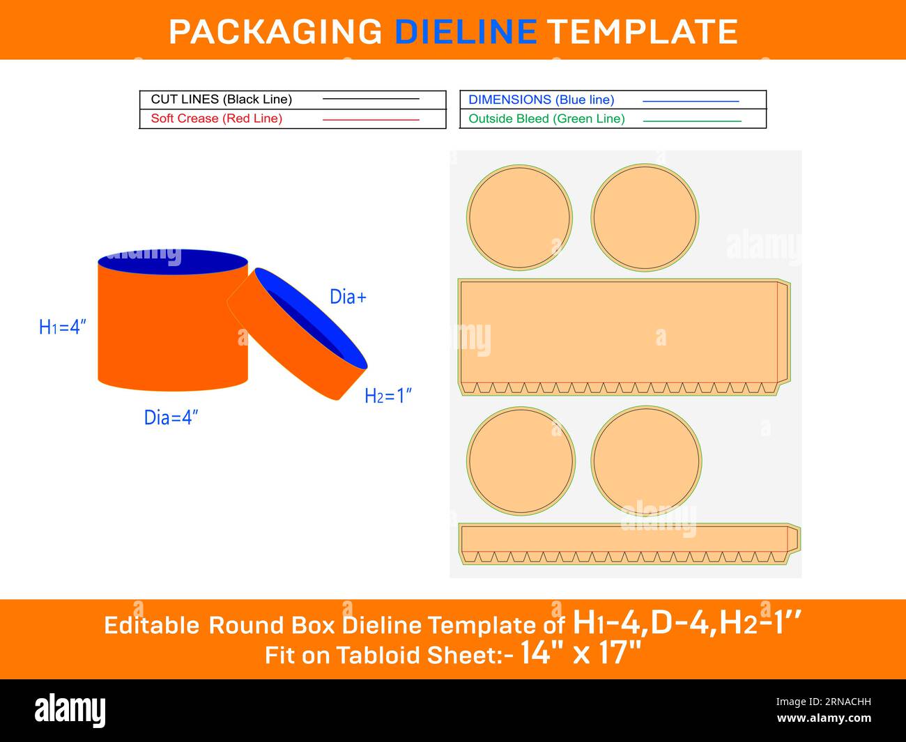 Kraft round box, round lid gift box die line template with the ...