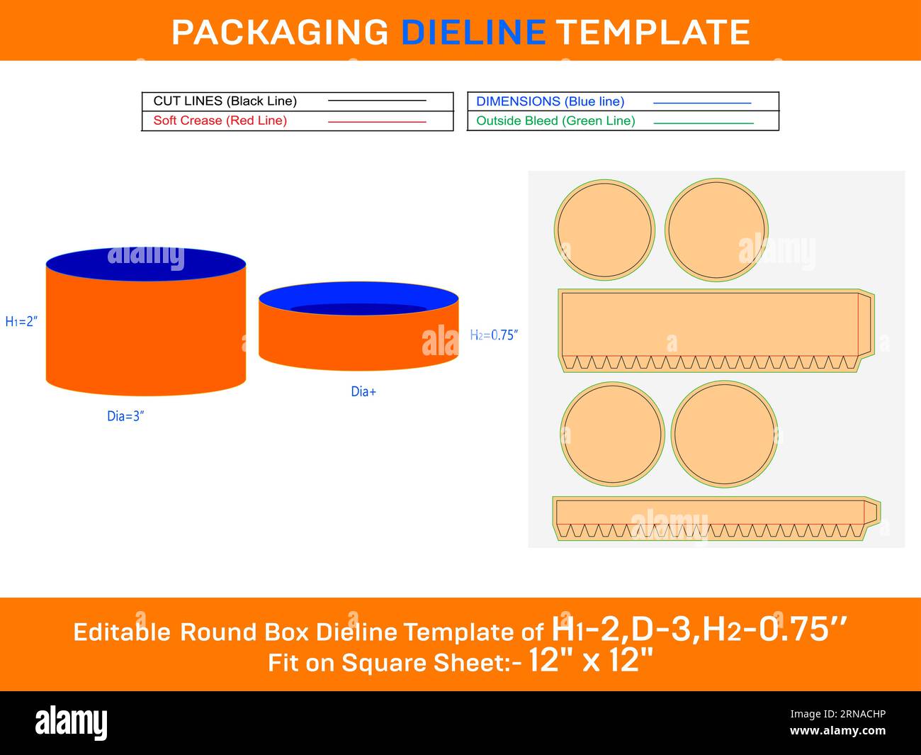 Round box template, round lid gift box die line template with the ...
